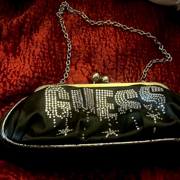 Guess | Bags | Guess Pocket Book Bag Purse Black Satin With Sequins ...